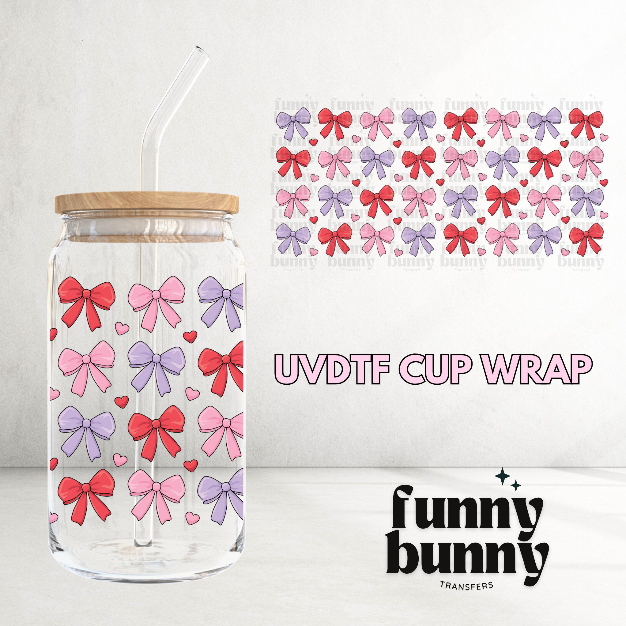 Girly Bow Ties & Hearts - 16oz UVDTF Cup Wrap – Funny Bunny Transfers