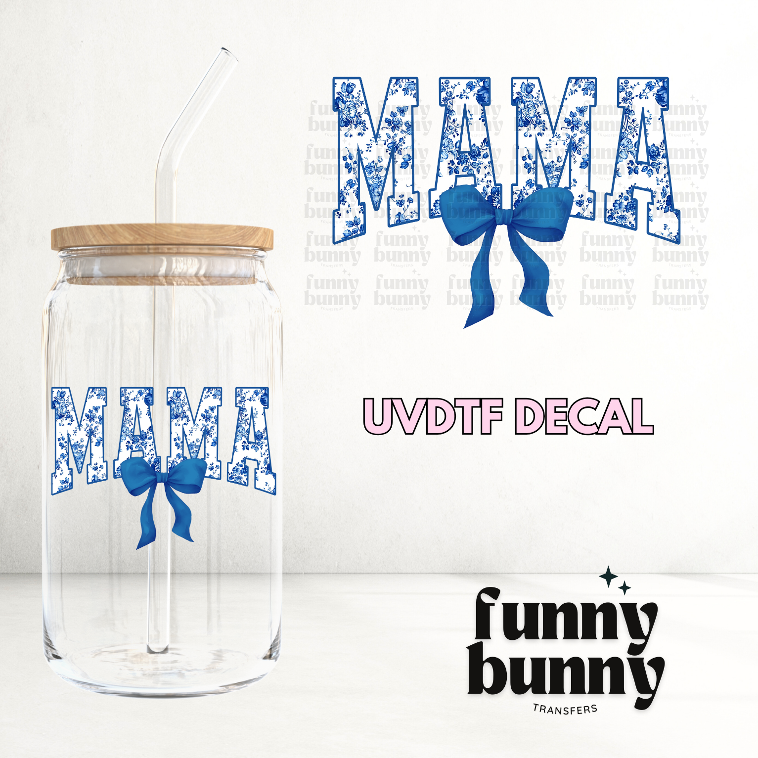 Mama Blue Floral Print - UVDTF Decal – Funny Bunny Transfers