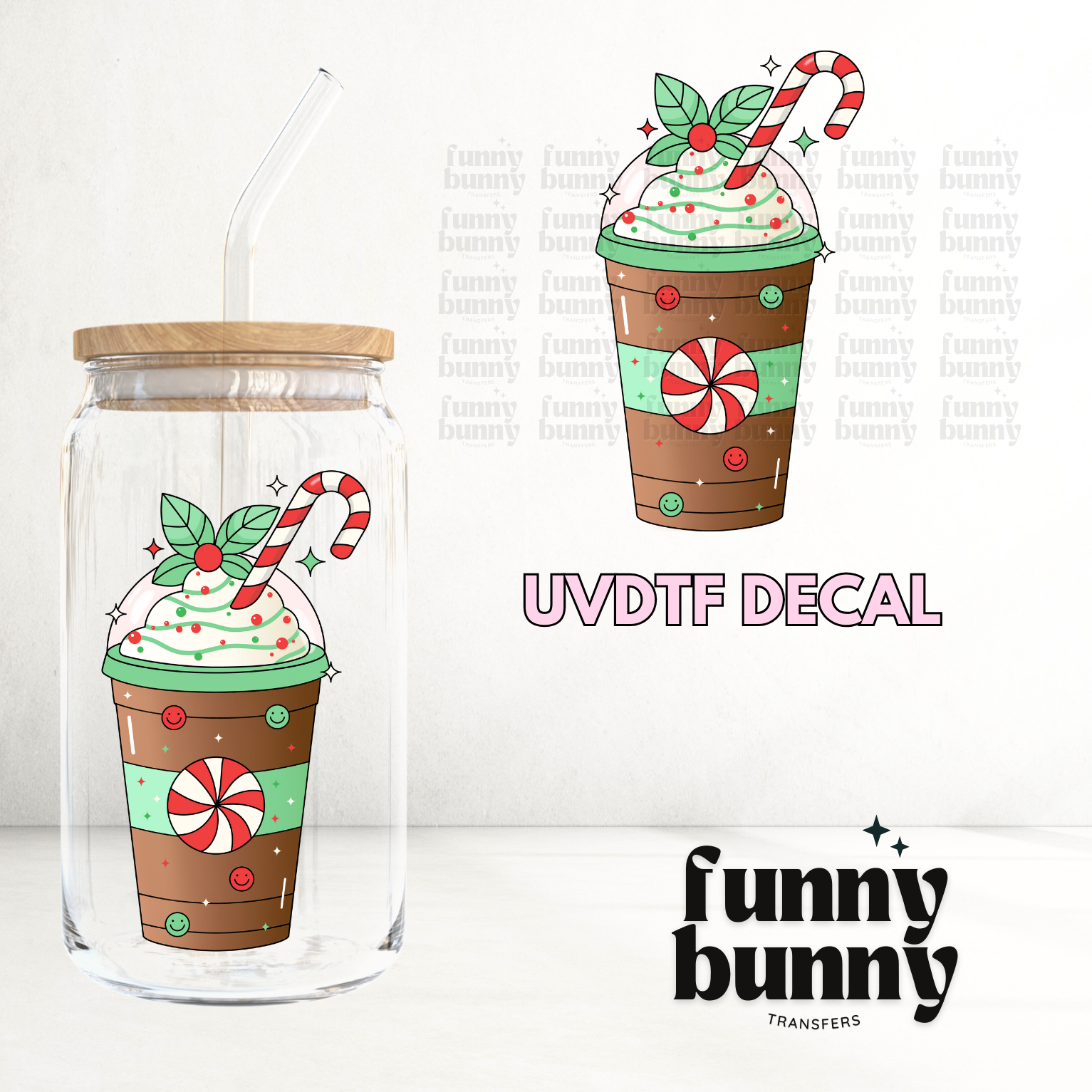 Peppermint Smiley Latte - UVDTF Decal – Funny Bunny Transfers